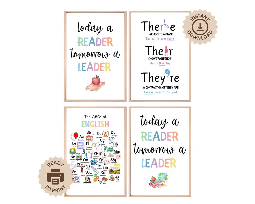 Set of 4 English Posters, English Teacher Wall Art Prints, English ...