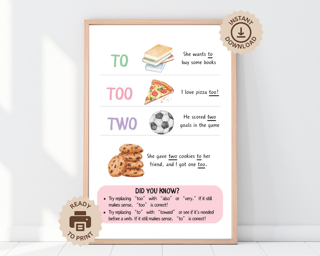 To Too Two Poster, English Classroom Decor, Common Homophones ...
