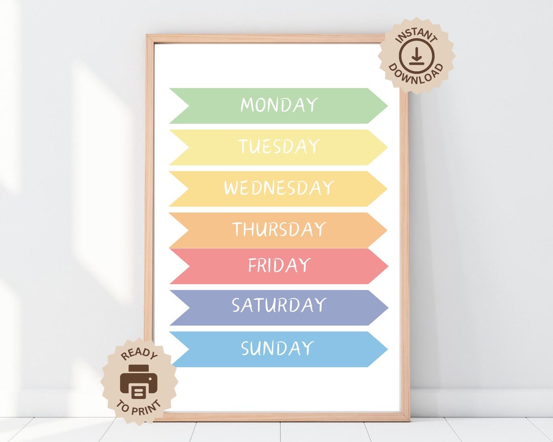 Days of the Week Poster, Printable Educational Playroom Posters, Boho ...