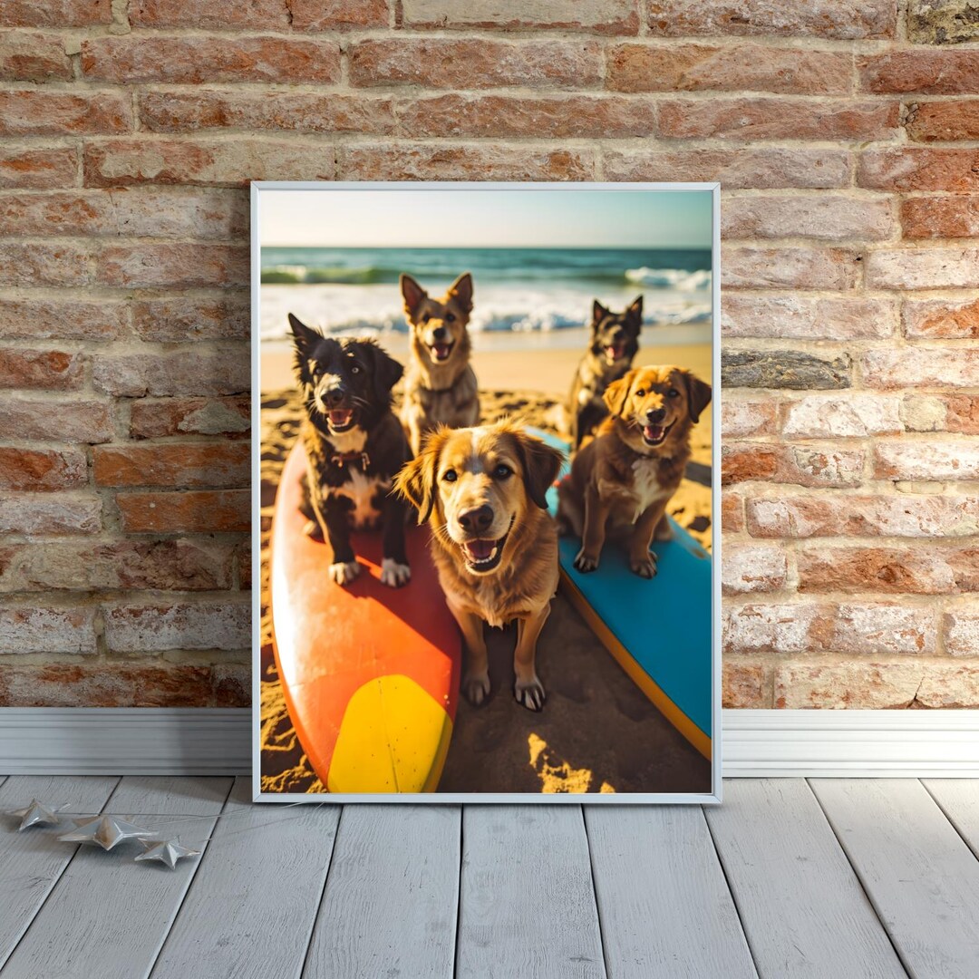 Dogs and Surfboards Wall Poster, Beach Wall Decor, Cozy Sunset Wall ...