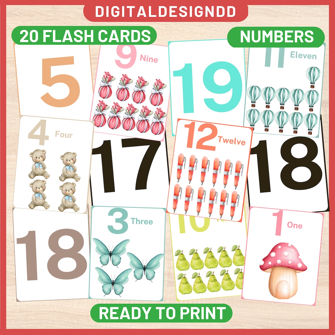 Numbers 1-20 Flash Cards Montessori Cards Preschool Education Flash ...