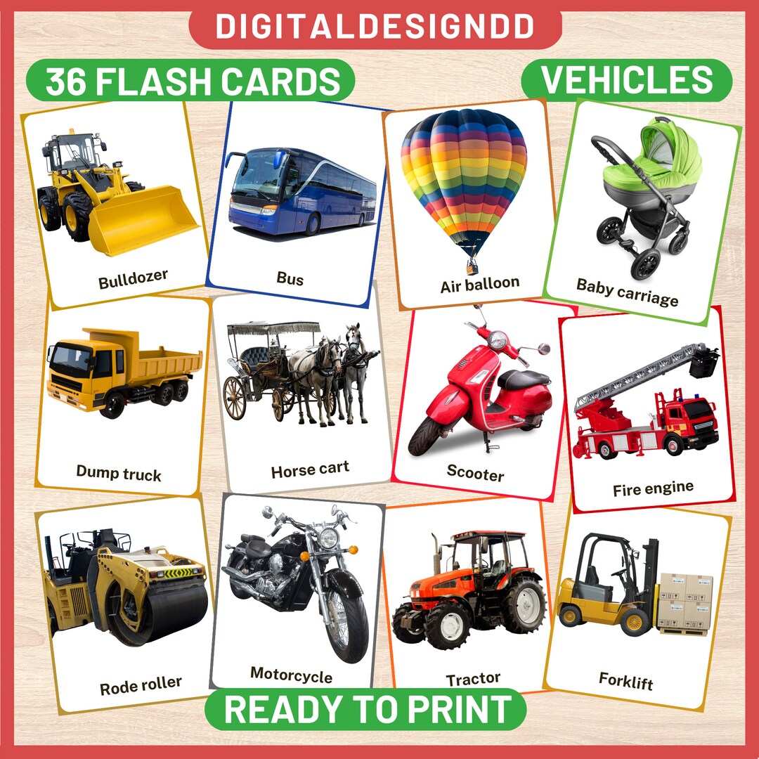 Vehicles Flash Cards Montessori Cards Preschool Education Vehicles ...
