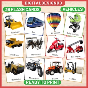 Vehicles Flash Cards Montessori Cards Preschool Education Vehicles ...