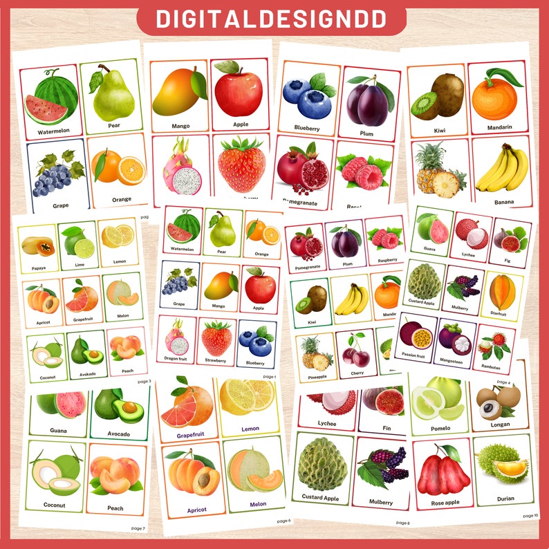 Printable Fruits Flash Cards PDF | Montessori Learning Cards for Kids ...