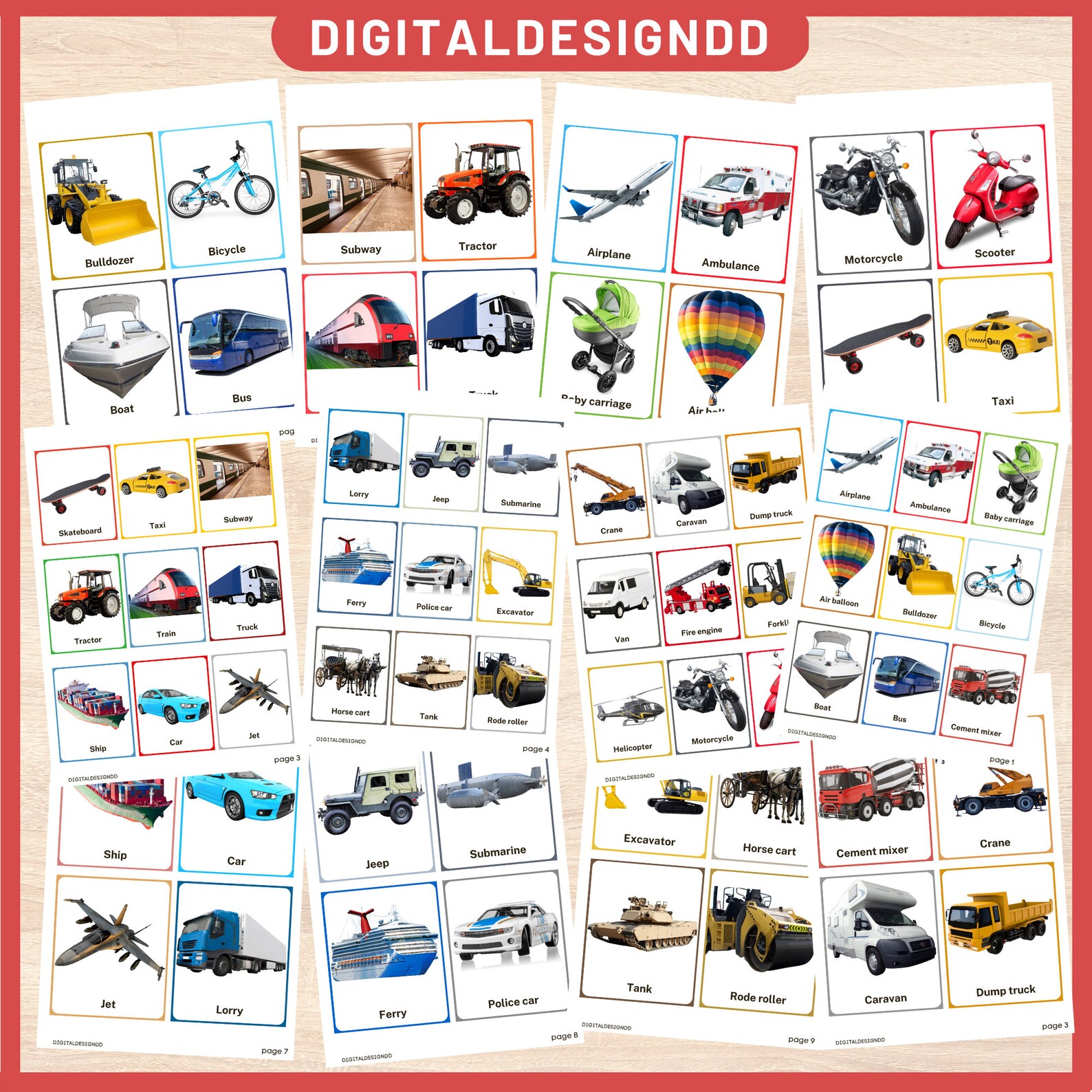 Vehicles Flash Cards Montessori Cards Preschool Education Vehicles ...