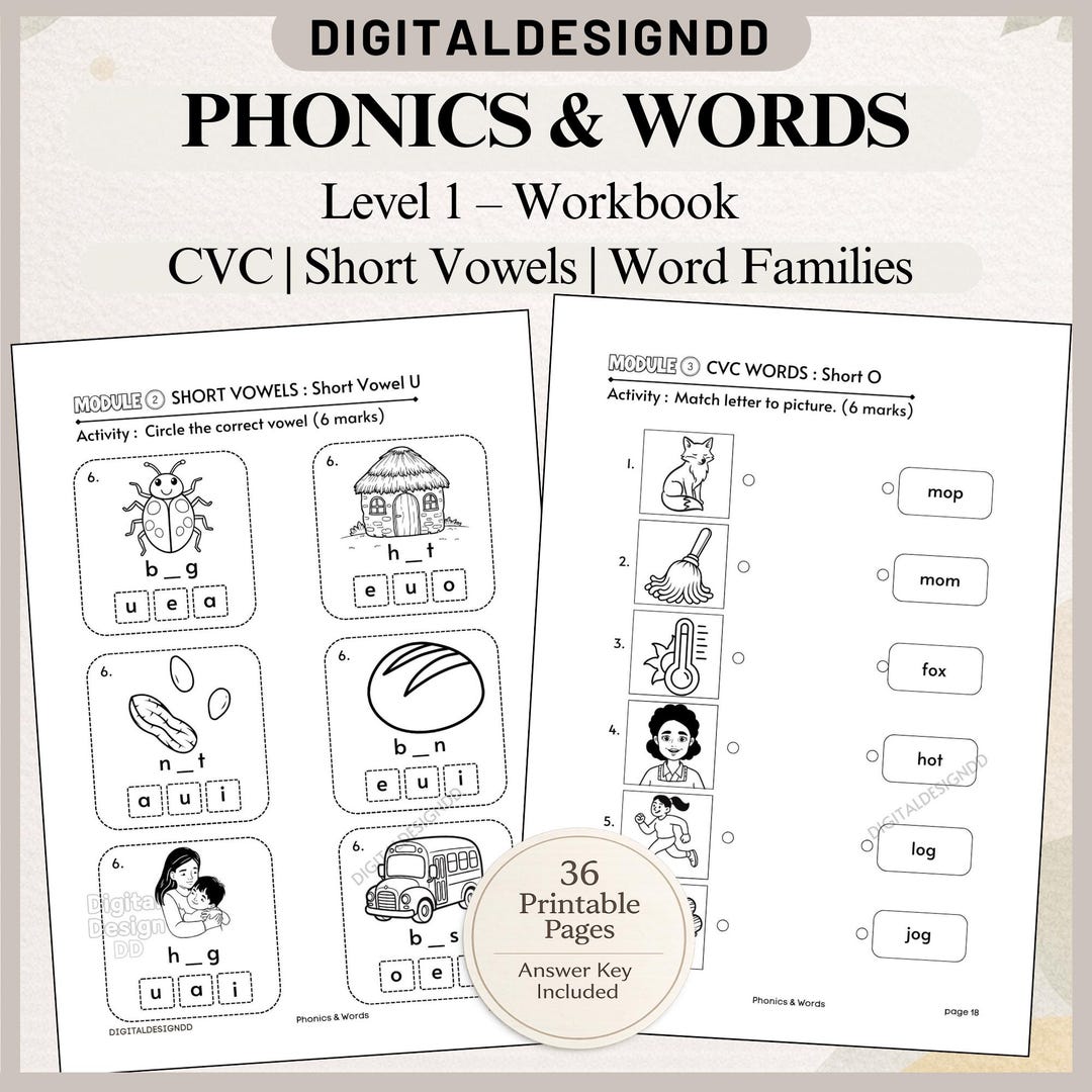 English Phonics & Words Workbook Level 1 CVC Words and Short Vowels PDF ...