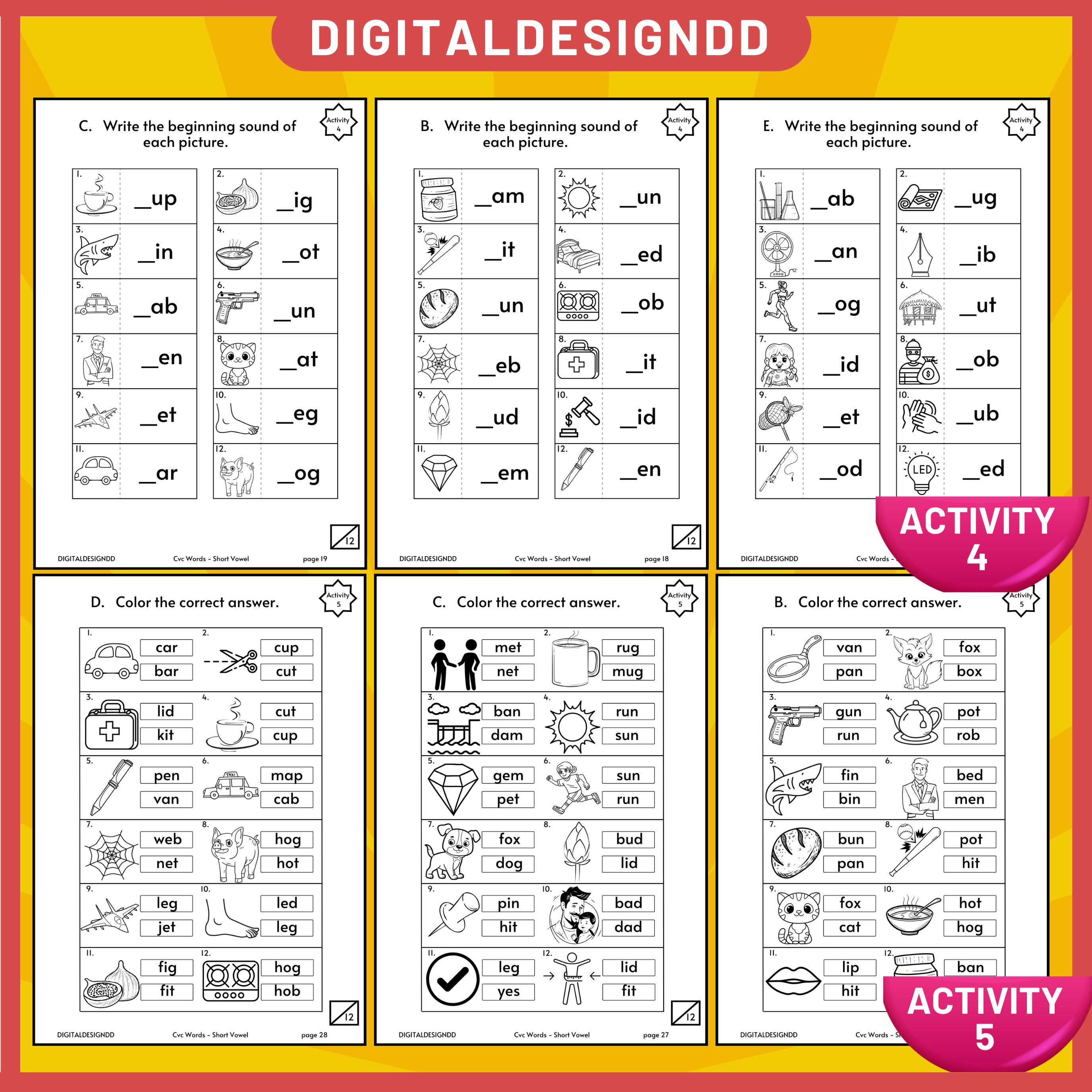 Phonics CVC Short Vowel Worksheets | Preschool & Kindergarten Reading ...