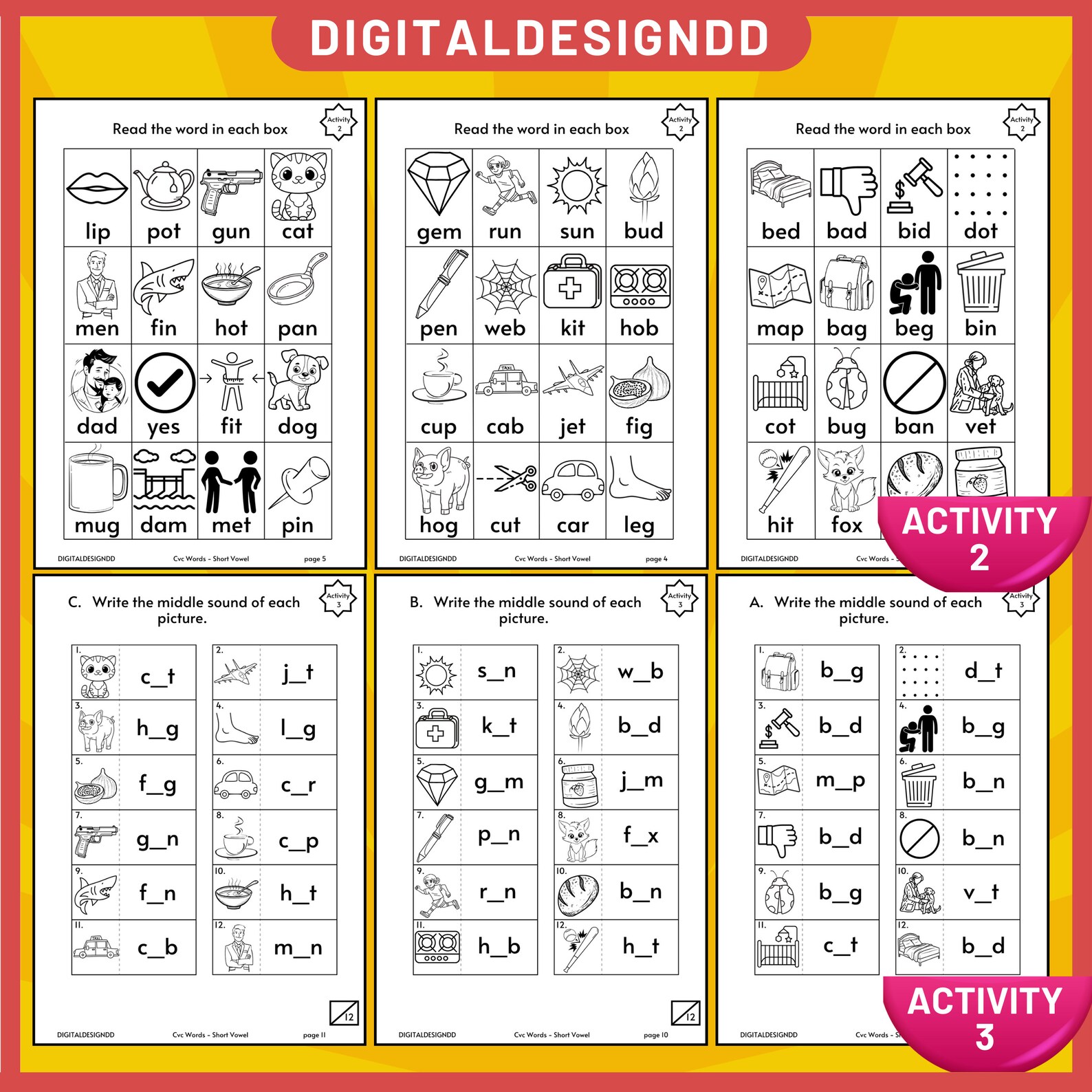 Phonics CVC Short Vowel Worksheets | Preschool & Kindergarten Reading ...