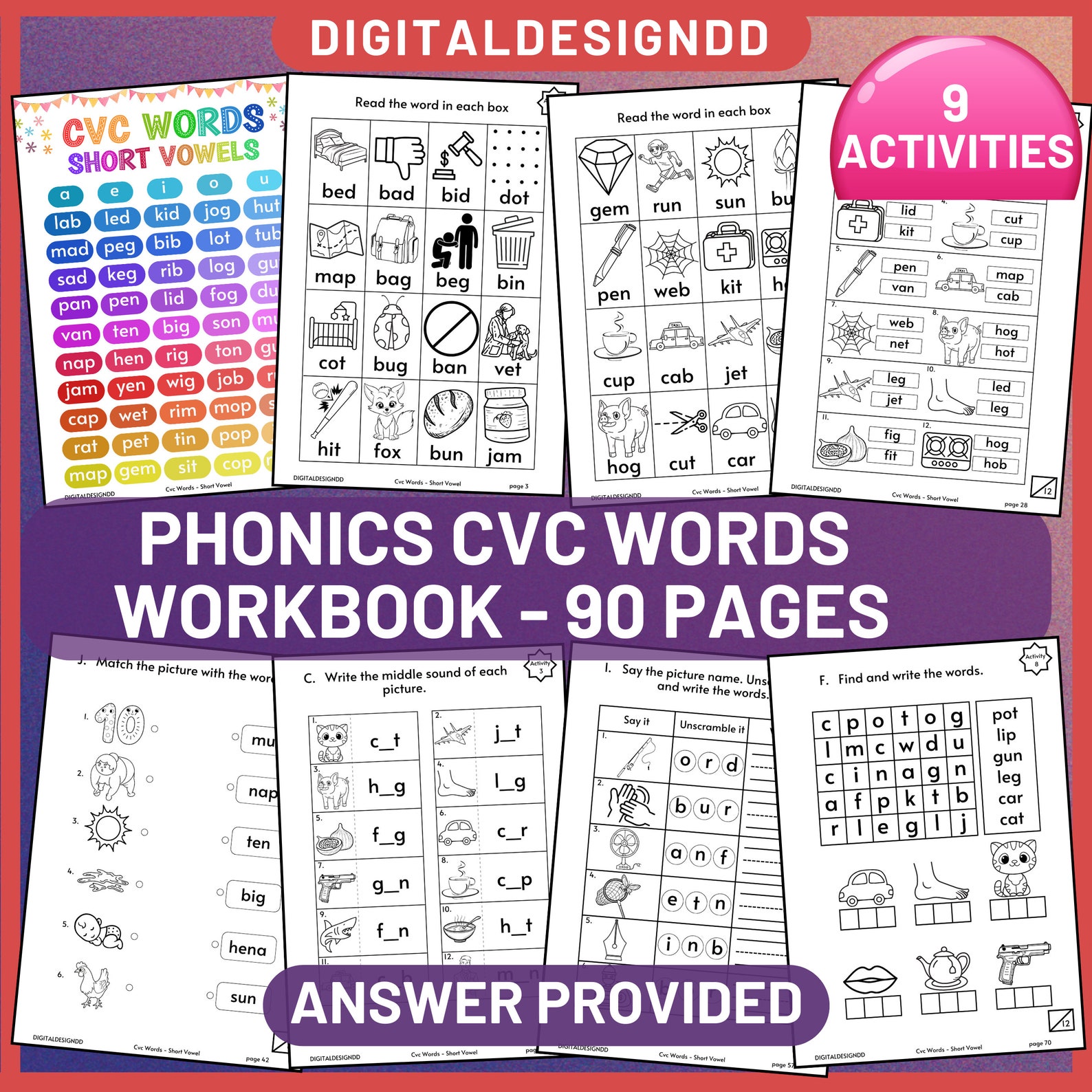 PDF Phonics CVC Words English Worksheet Short Vowel Kids Activities for ...