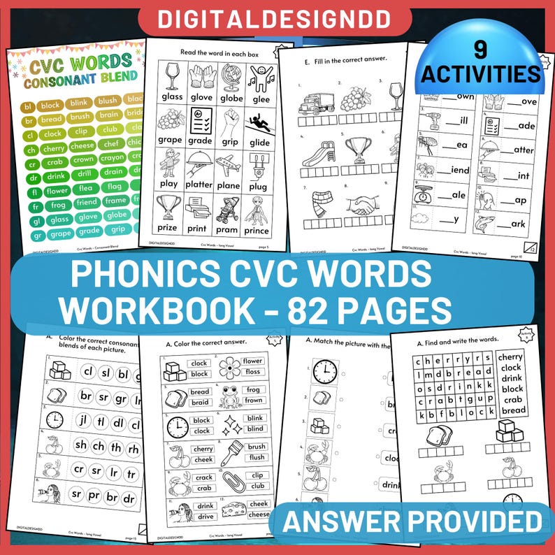 PDF Phonics CVC Words English Worksheet Consonant Blend Kids Activities for Preschool Primary ...