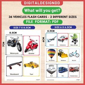 Vehicles Flash Cards Montessori Cards Preschool Education Vehicles ...