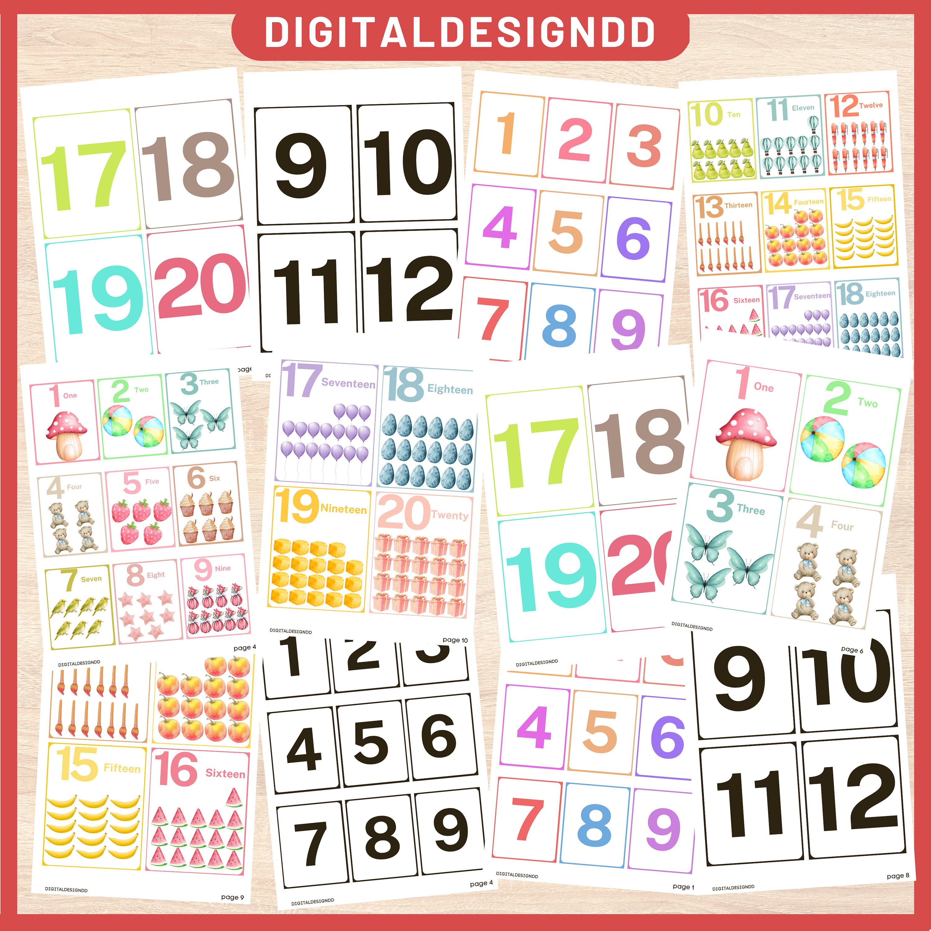 Numbers 1-20 Flash Cards Montessori Cards Preschool Education Flash ...