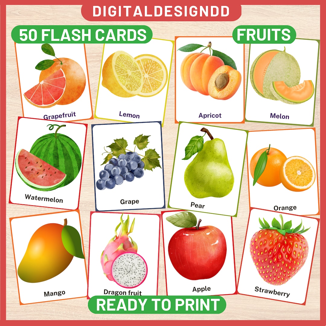 Printable Fruits Flash Cards PDF | Montessori Learning Cards for Kids ...