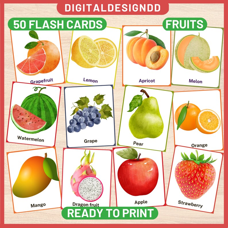 Printable Fruits Flash Cards PDF | Montessori Learning Cards for Kids ...