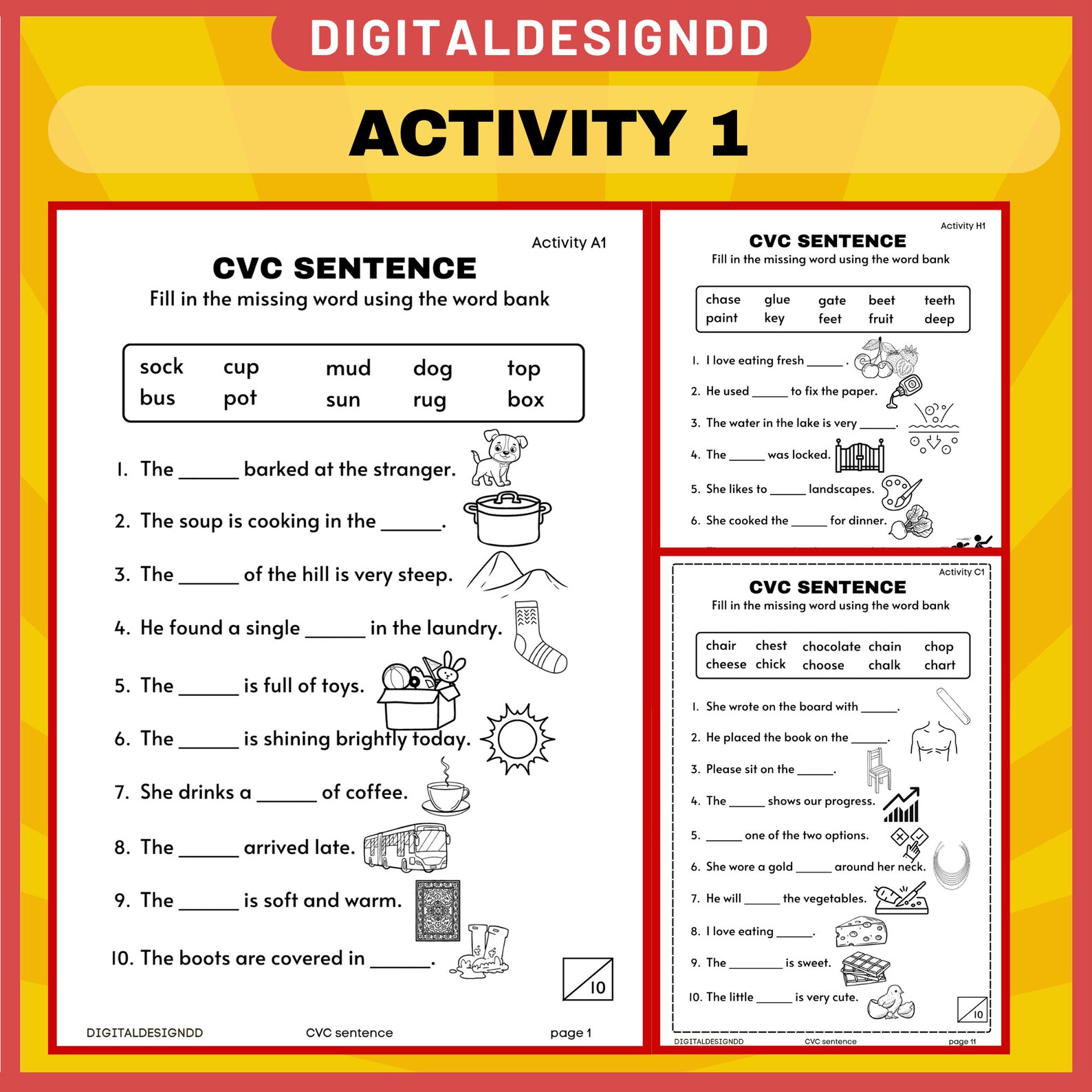 PDF CVC Simple Sentence Worksheet for Kids, English Reading Simple ...
