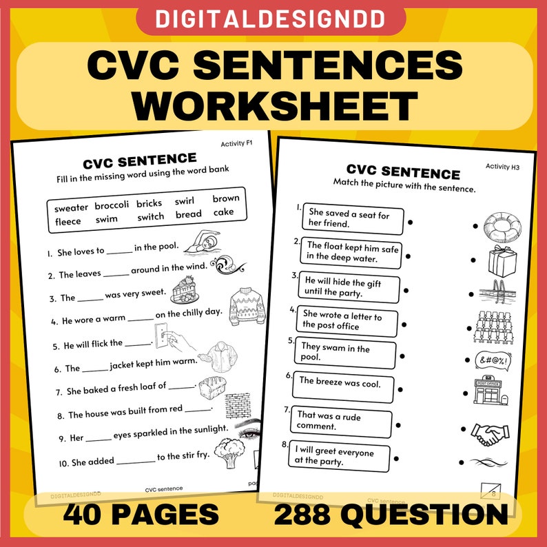 PDF CVC Simple Sentence Worksheet for Kids, English Reading Simple ...