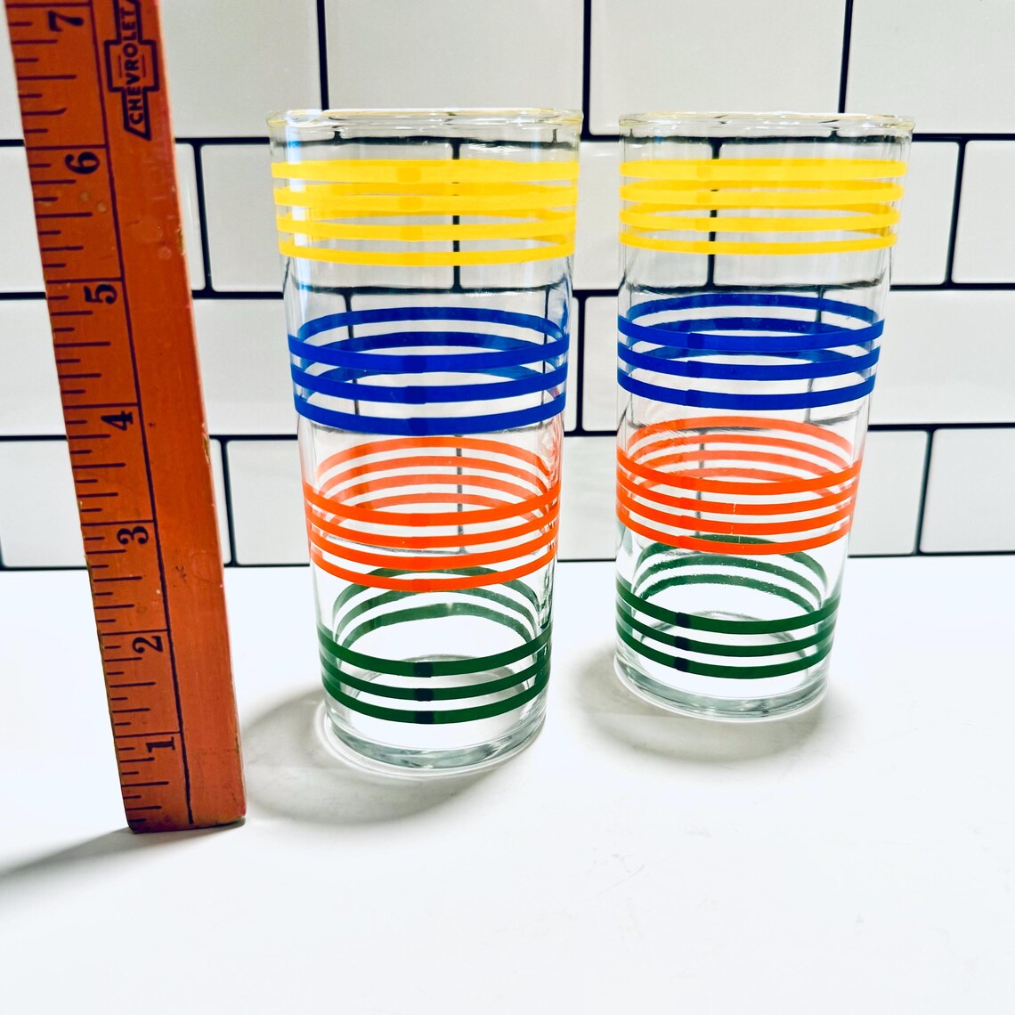 Pair of Vintage Fiestaware Primary Color Rainbow Stripe Tall Drinking ...
