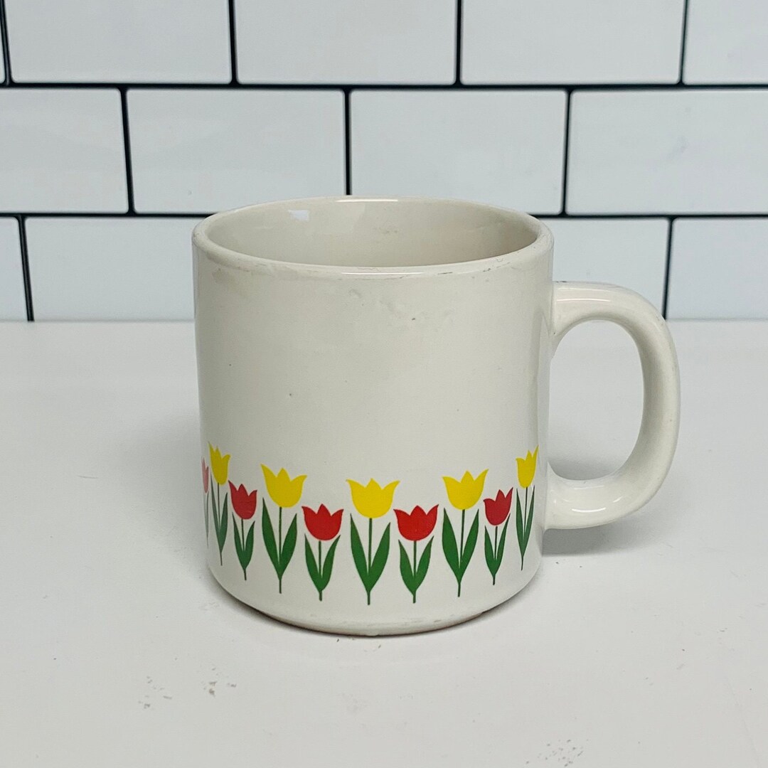 Vintage Tulip Coffee Mug, Retro Kitchen, Floral Cup, Tulips, Yellow and ...