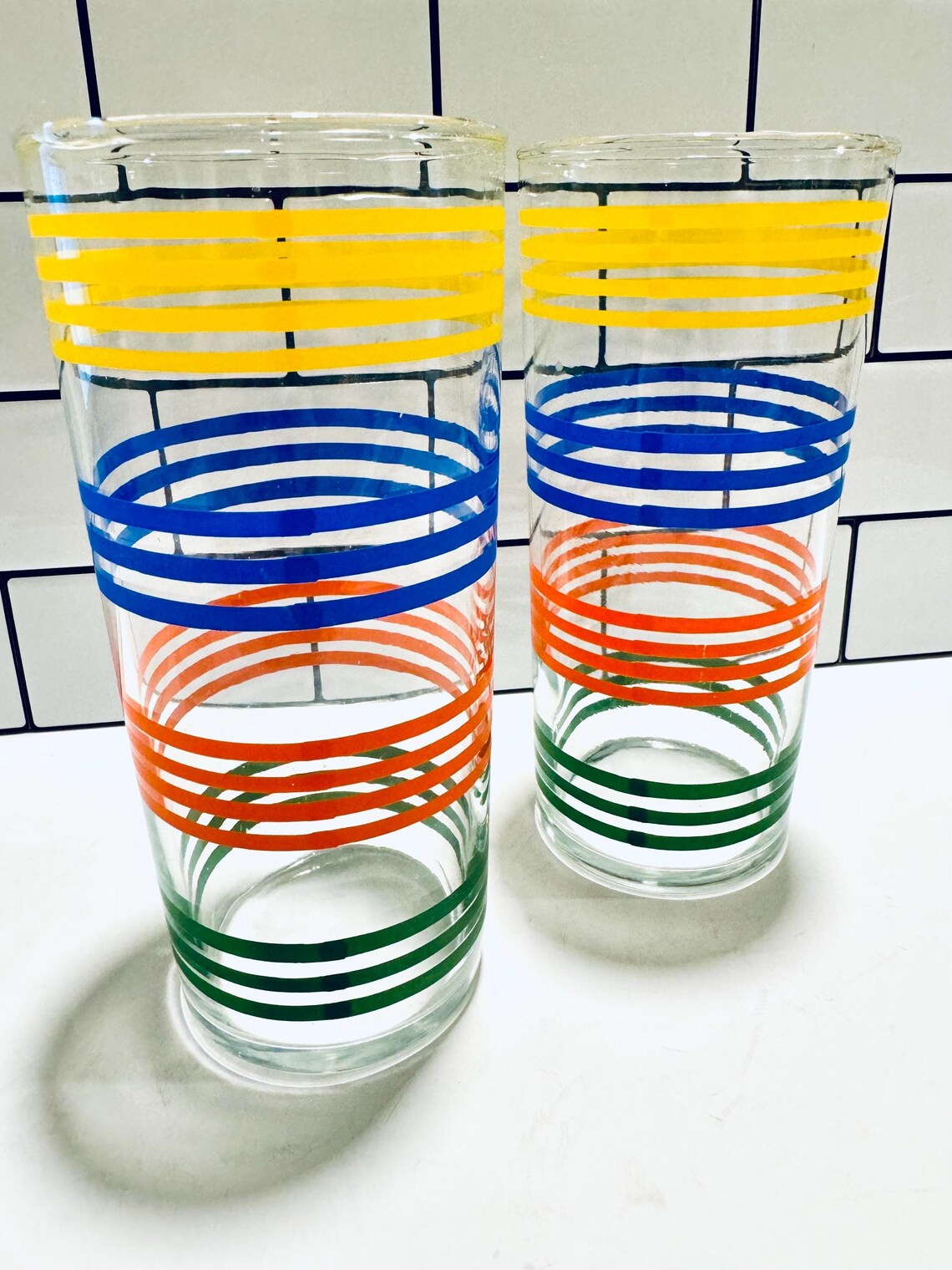 Pair of Vintage Fiestaware Primary Color Rainbow Stripe Tall Drinking ...