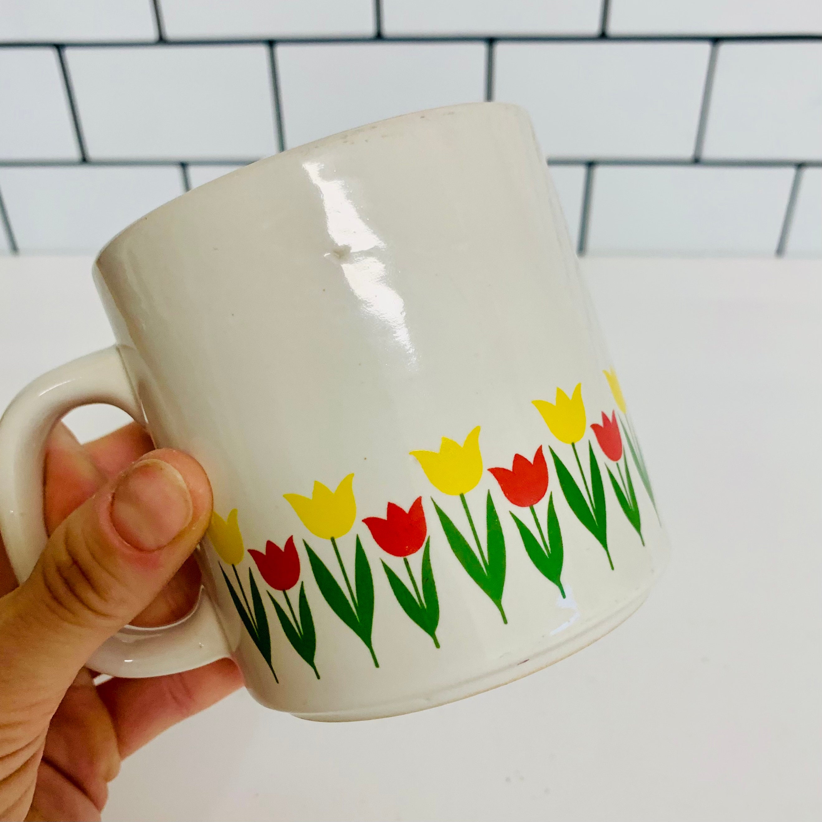 Vintage Tulip Coffee Mug, Retro Kitchen, Floral Cup, Tulips, Yellow and ...
