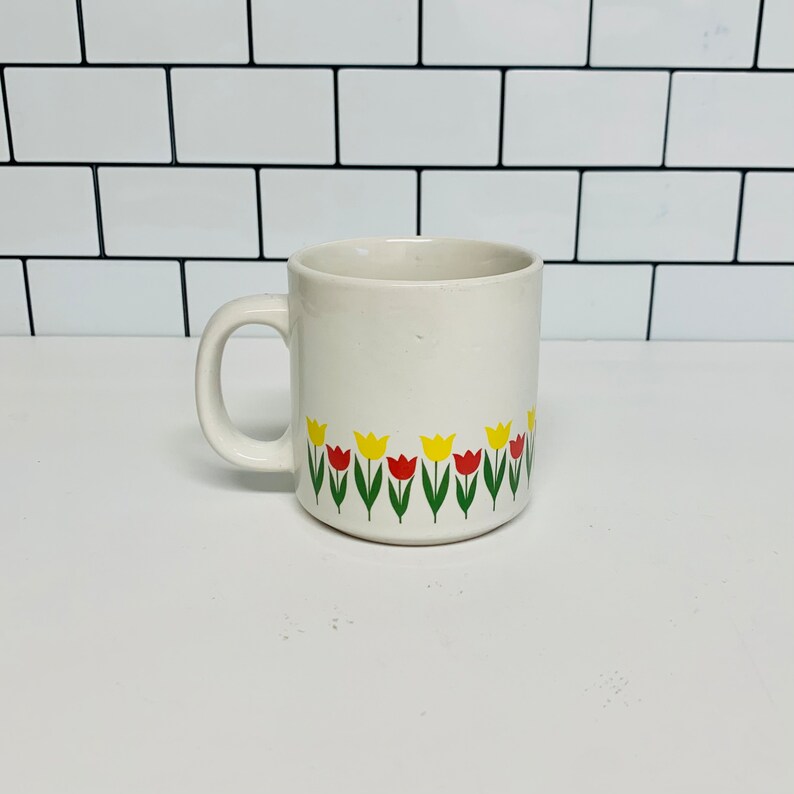 Vintage Tulip Coffee Mug, Retro Kitchen, Floral Cup, Tulips, Yellow and ...