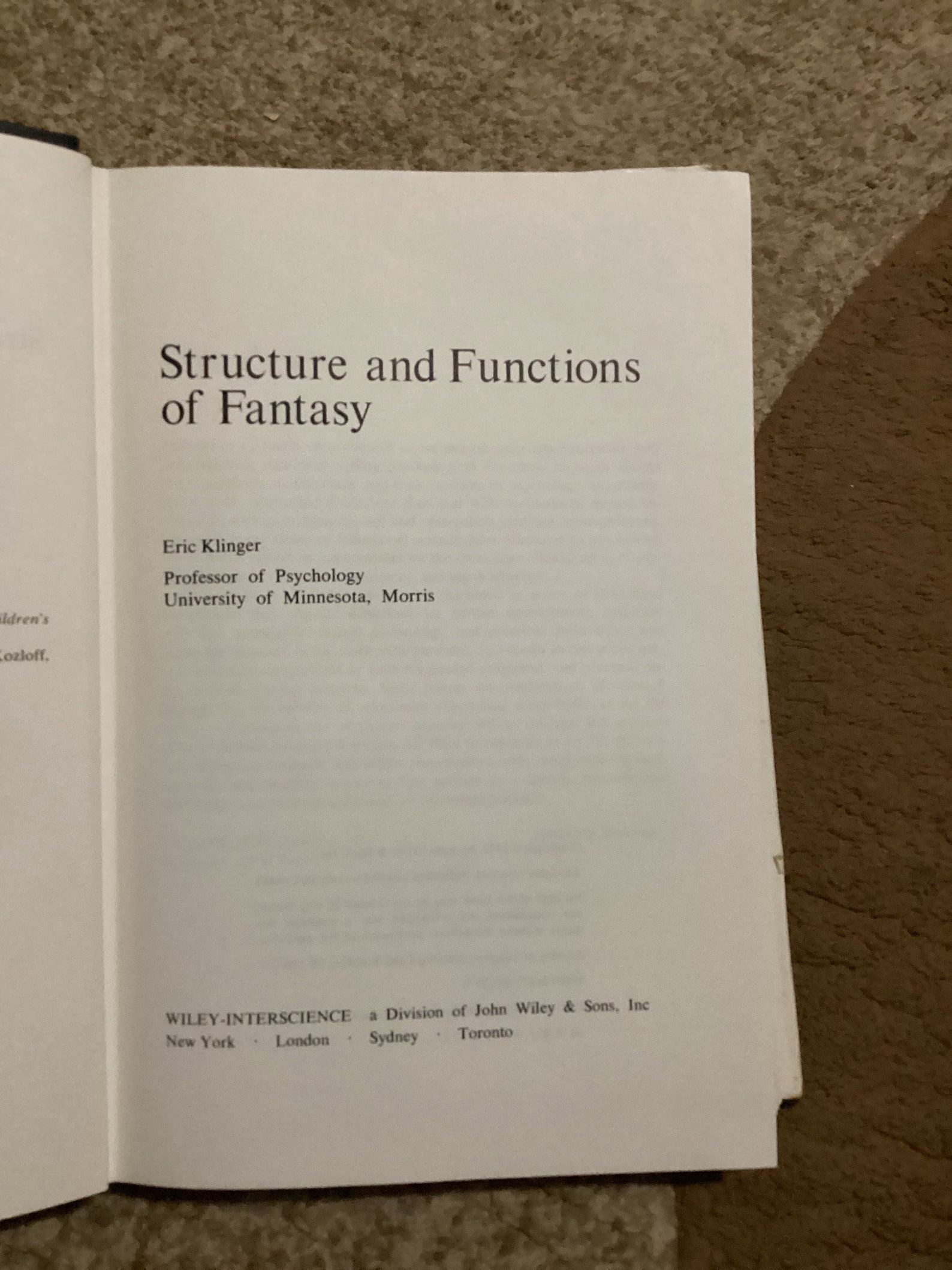 Structure and Functions of Fantasy by Erick Klinger, 1971 Psychology ...