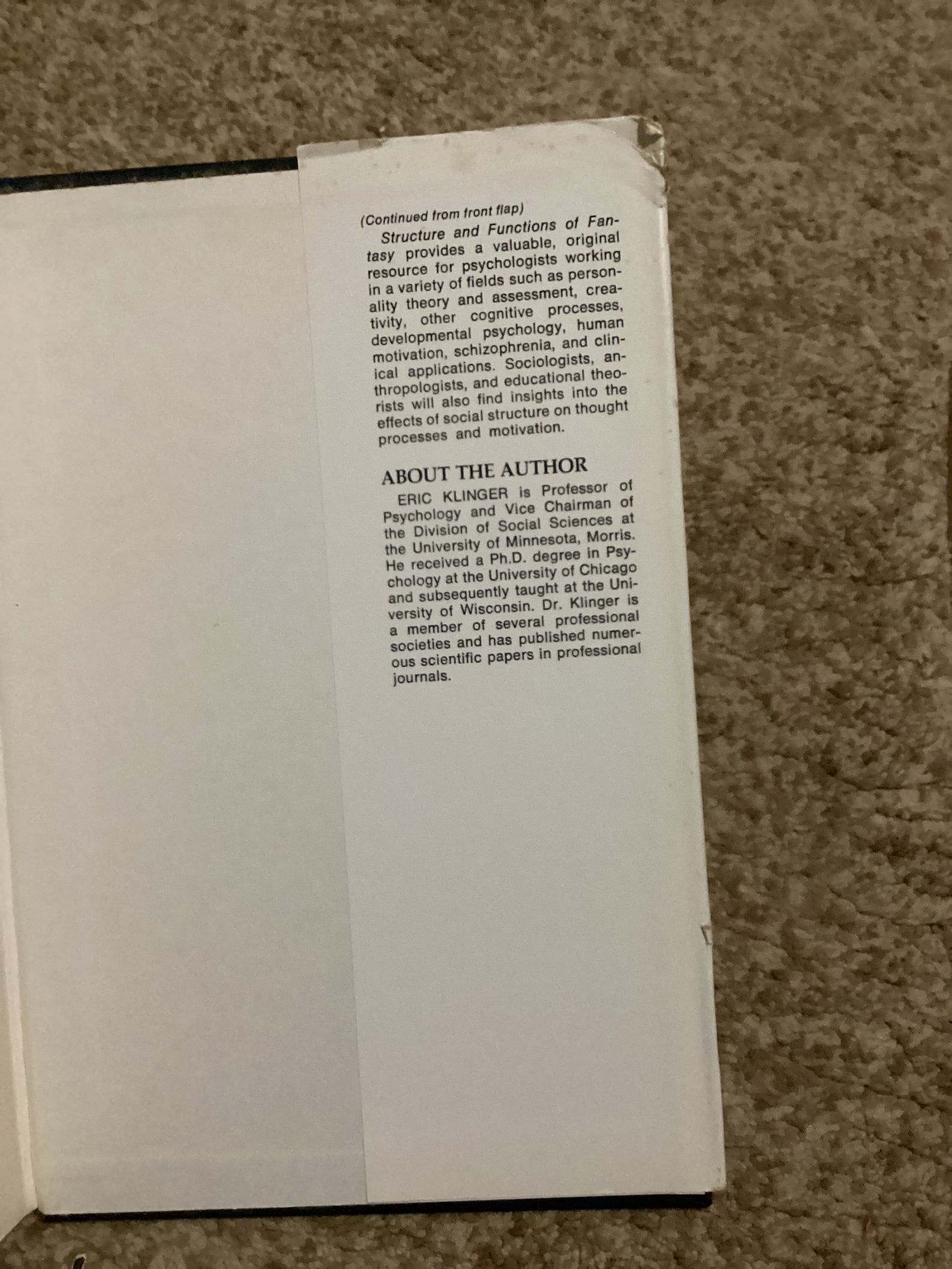 Structure and Functions of Fantasy by Erick Klinger, 1971 Psychology ...