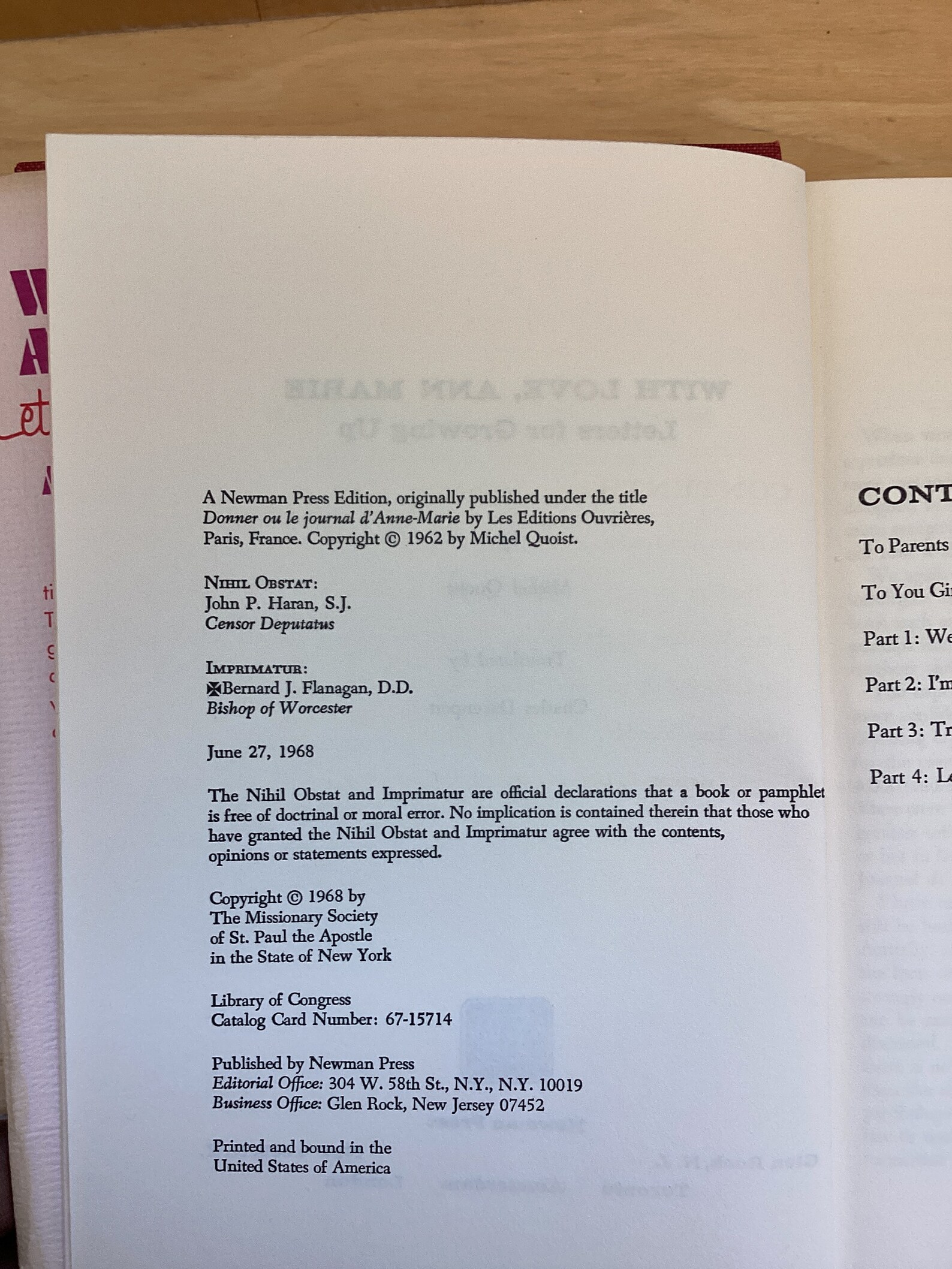 WITH LOVE, ANN Marie Letters for Growing up by Michel Quoist 1968 ...