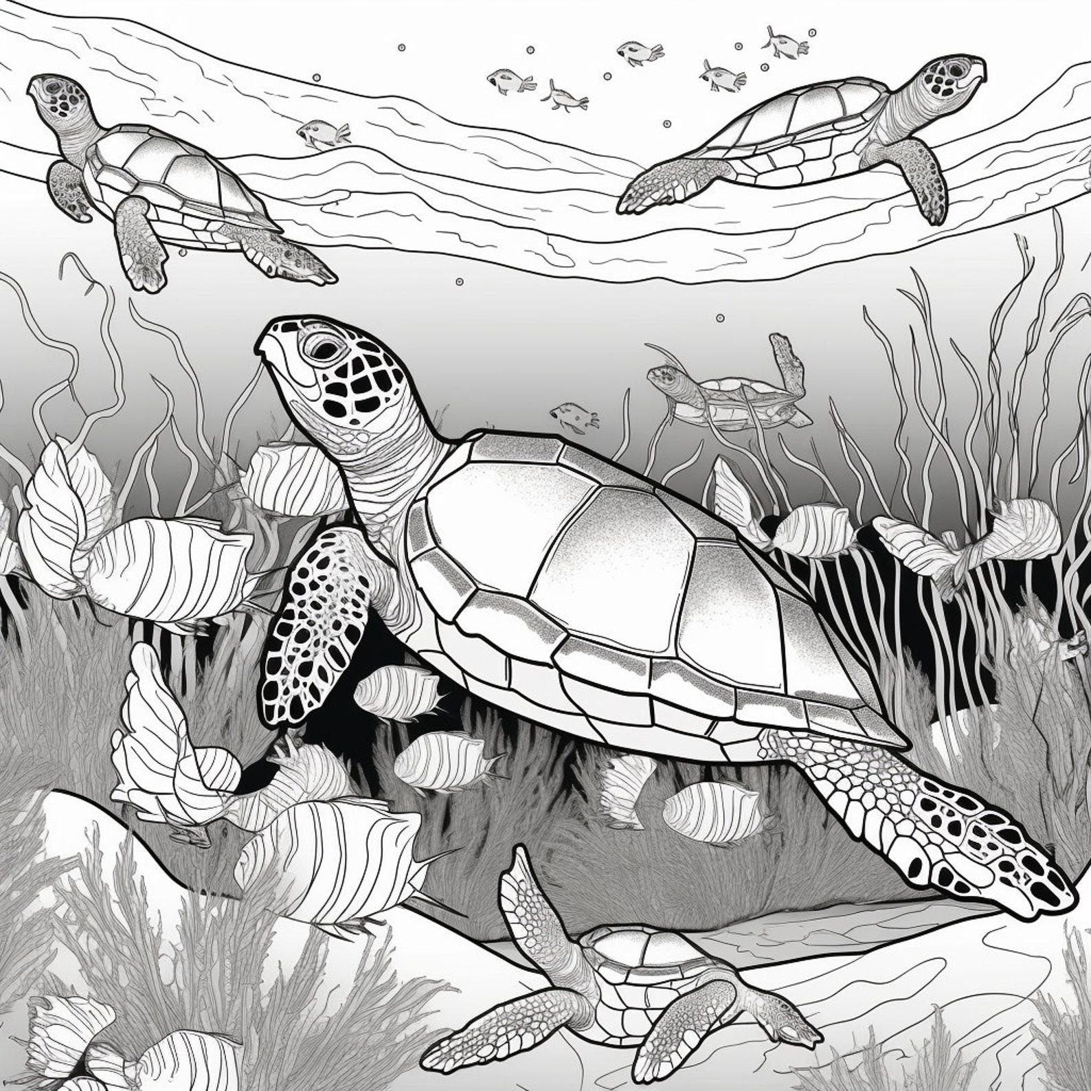 Sea Turtles: 2 Page Coloring Book for Adults and Children. Grayscale ...