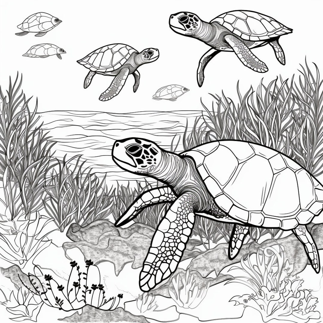 Sea Turtles: 2 Page Coloring Book for Adults and Children. Grayscale ...