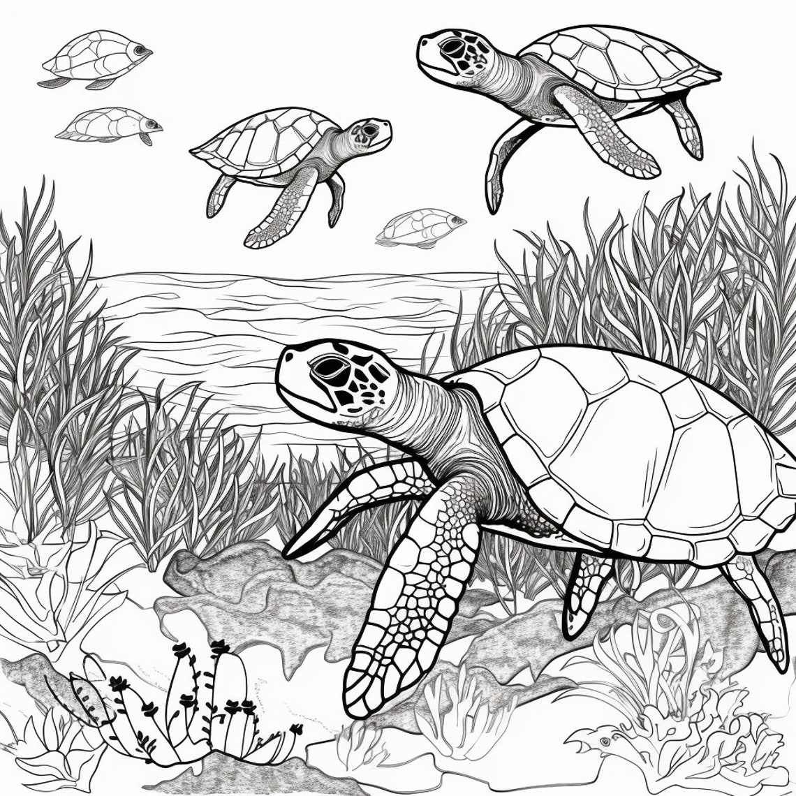 Sea Turtles: 2 Page Coloring Book for Adults and Children. Grayscale ...