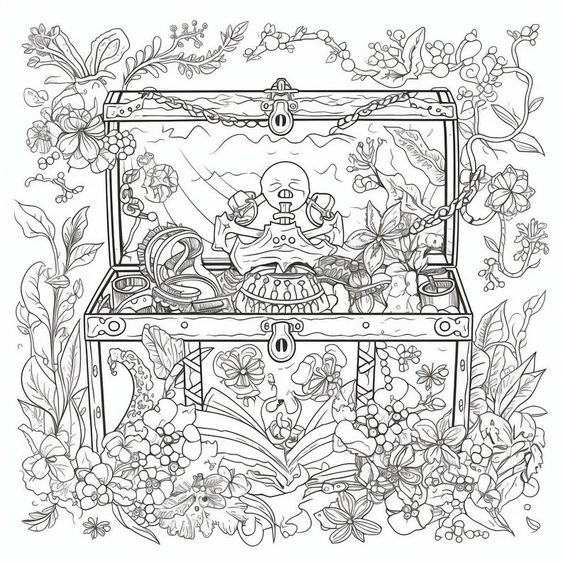 Treasure Chest: 4 Page Coloring Book for Adults and Children. Grayscale ...