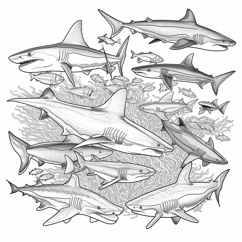 Sharks: 4 Page Coloring Book for Adults and Children. Grayscale ...