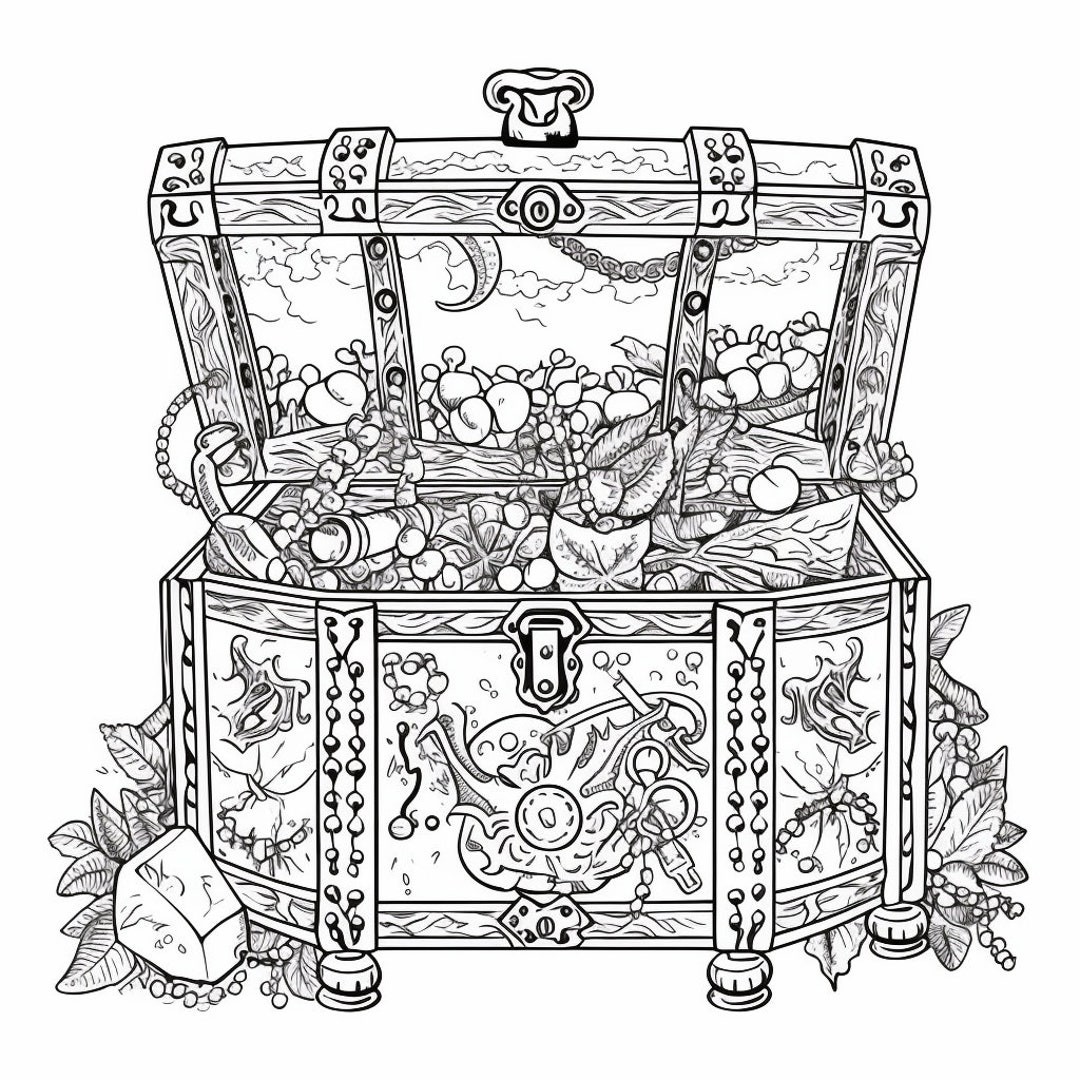 Treasure Chest: 4 Page Coloring Book for Adults and Children. Grayscale ...