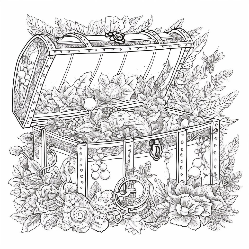Treasure Chest: 4 Page Coloring Book for Adults and Children. Grayscale ...