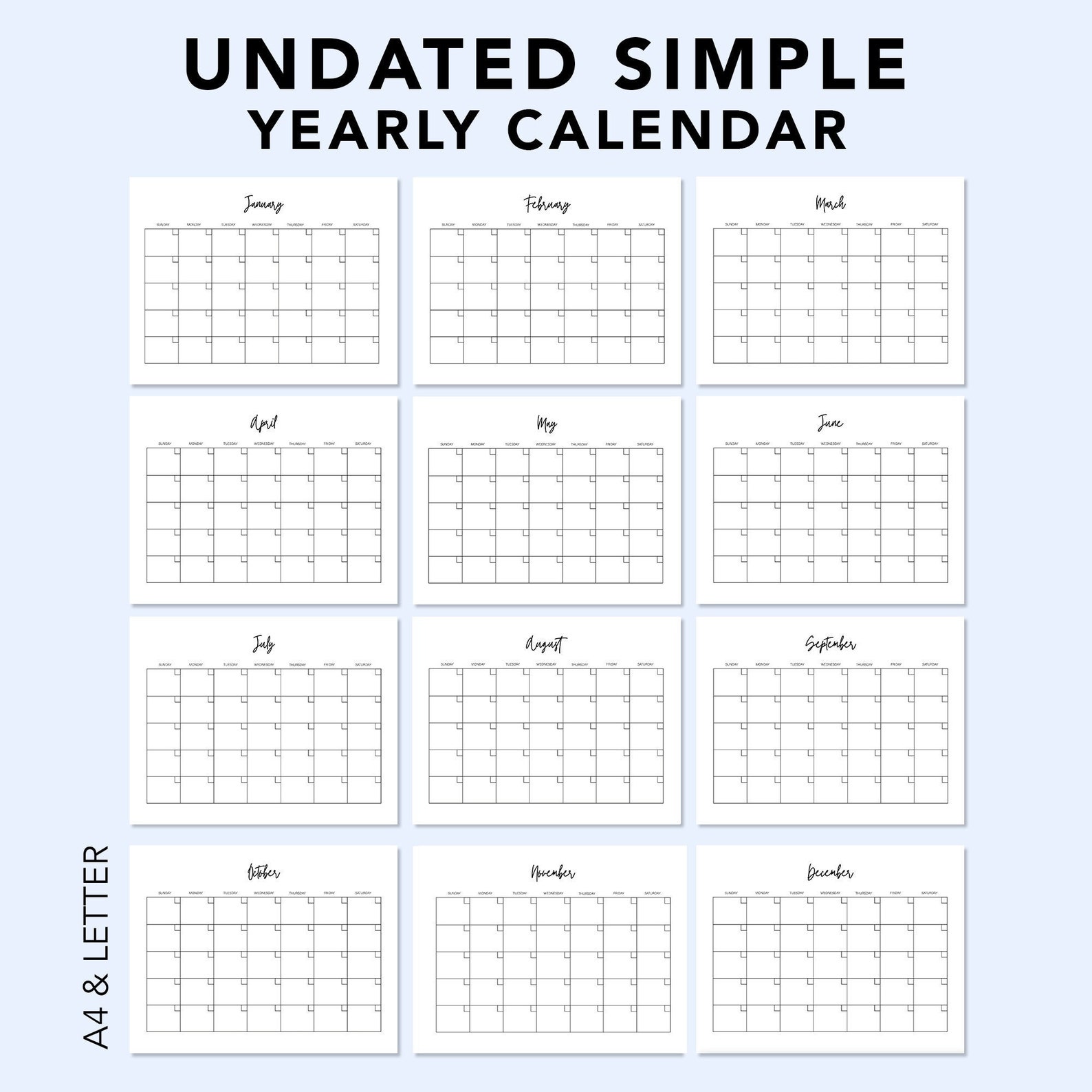 Simple Yearly Calendar Undated - Etsy