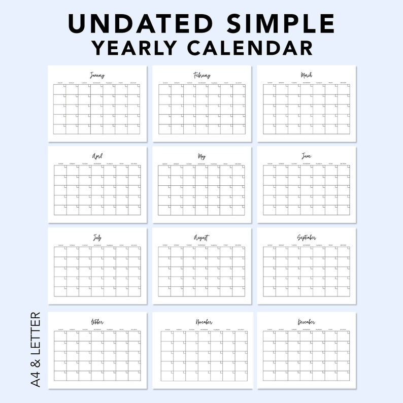 Simple Yearly Calendar Undated - Etsy