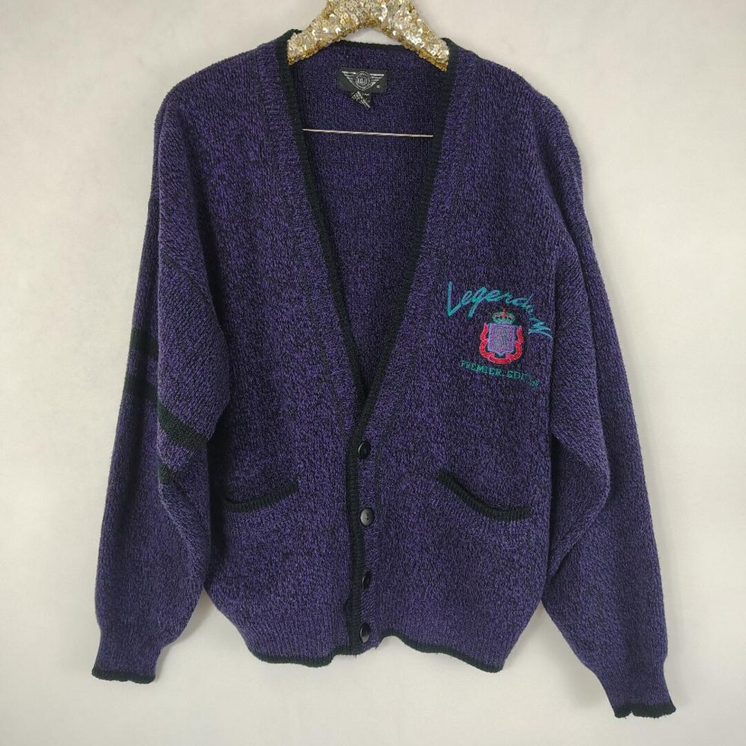Vintage 80s IOU Men's Purple Crest Sweater Cardigan Size Large Preppy ...