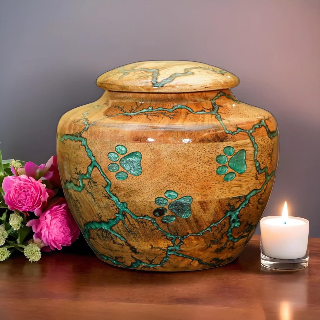 Personalized Pet Cremation Urn: Turquoise Resin, Paw Prints, Wooden ...