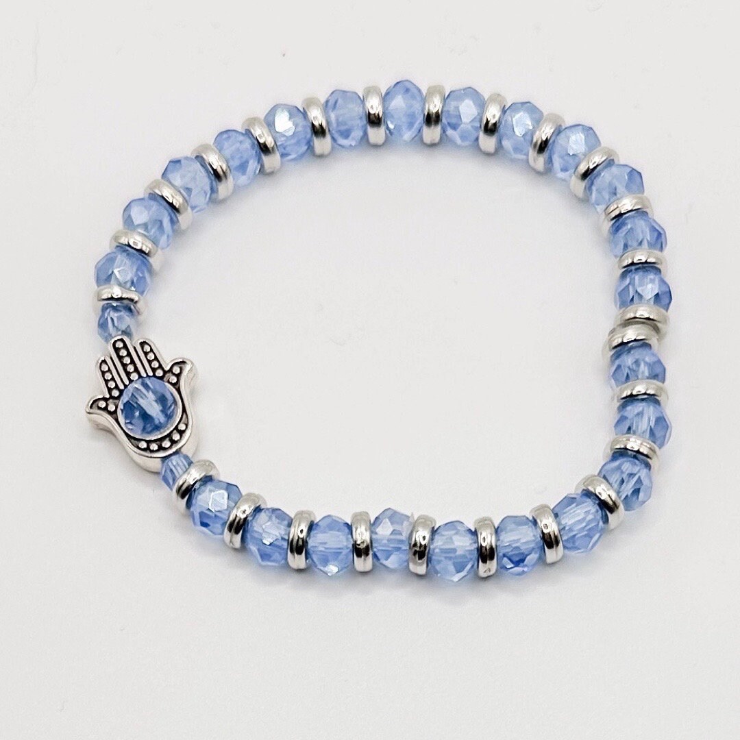 Sparkling Silver Plated Hamsa Bracelet With Blue Crystal Beads, Stand ...