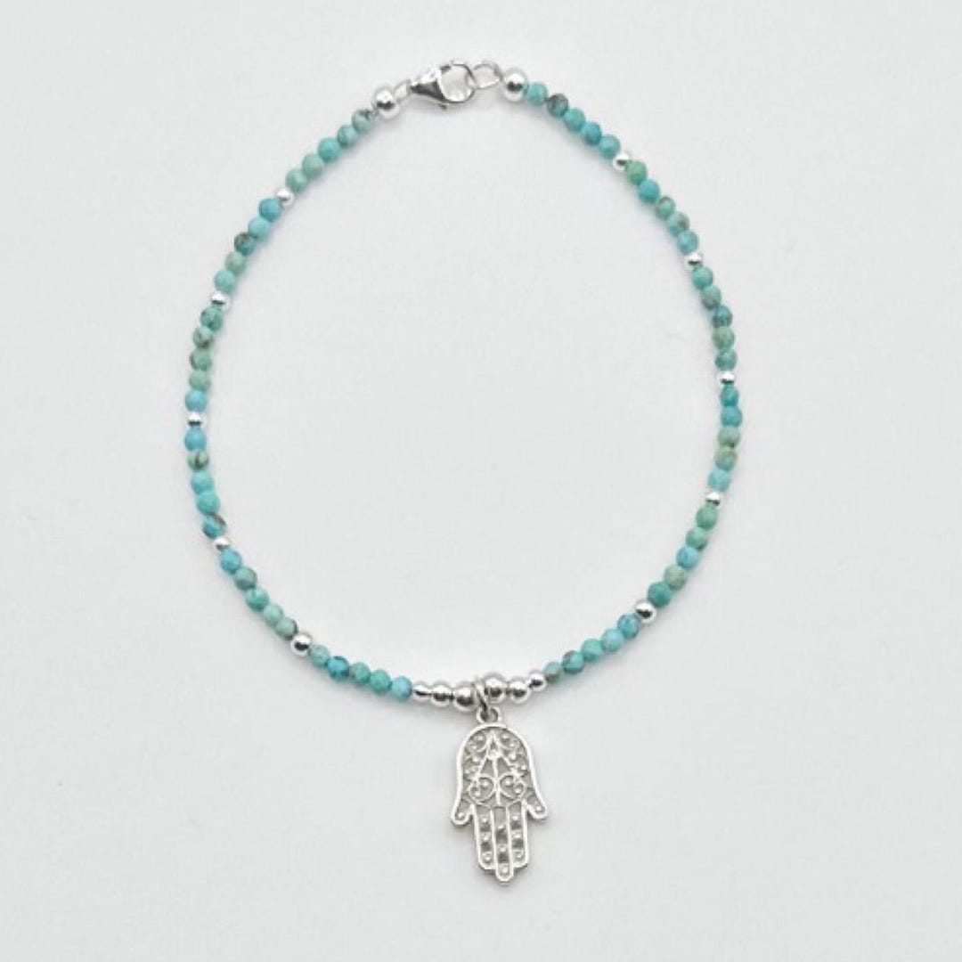 Sterling Silver Hamsa Bracelet With Turquoise Beads, Hand of Fatima ...