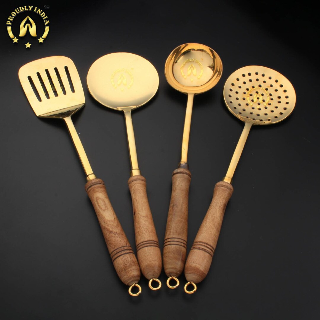 Set of 4 Big Brass Ladle Set With Wooden Handle,golden Luxurious Brass ...