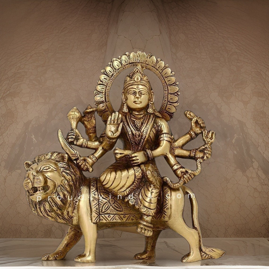 Stunning 6-inch Pure Brass Maa Durga Idol: A Divine Symbol of Goddess Durga With Lion ...