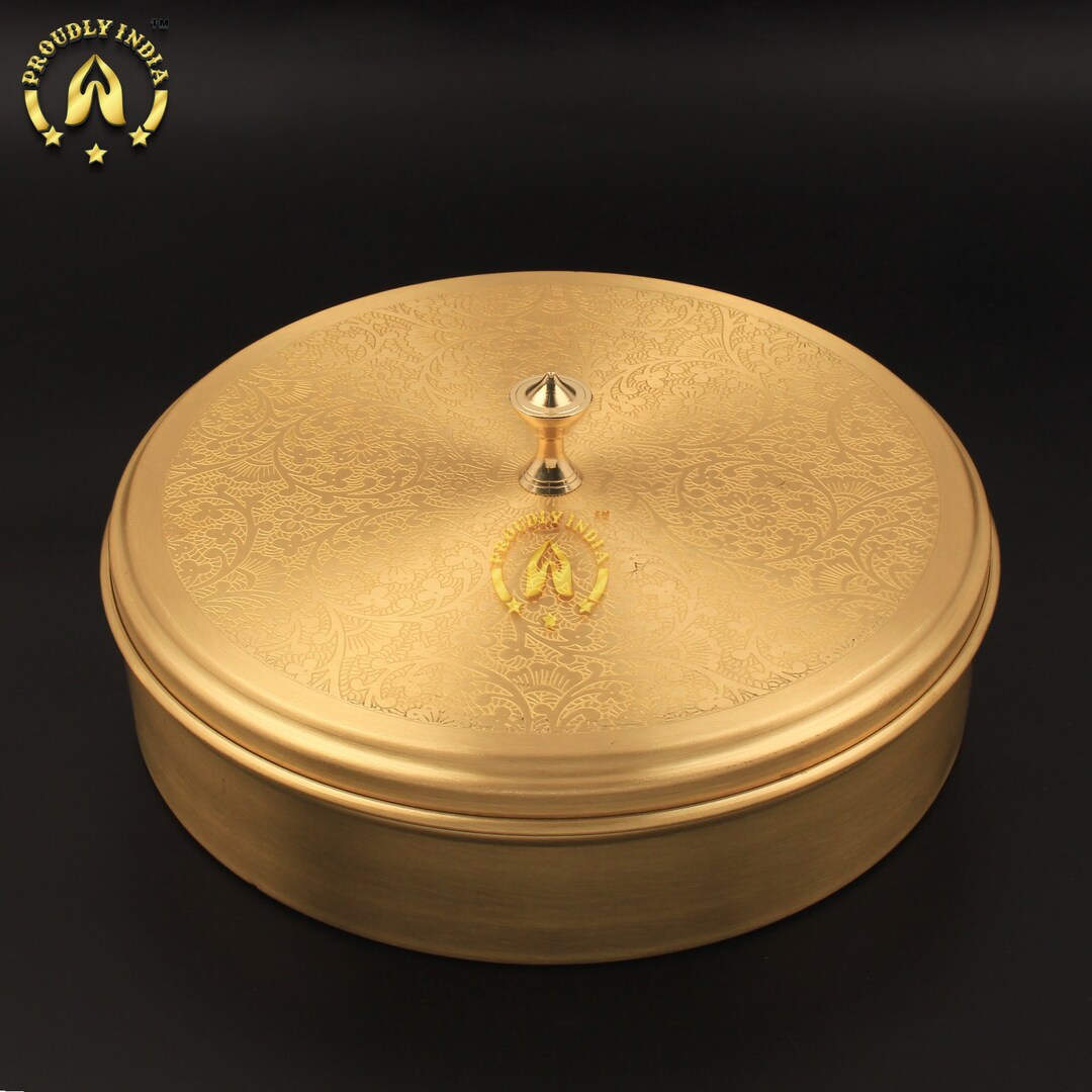 Traditional Brass Masala Dabba: Elegant Handmade Etching Floral Design ...