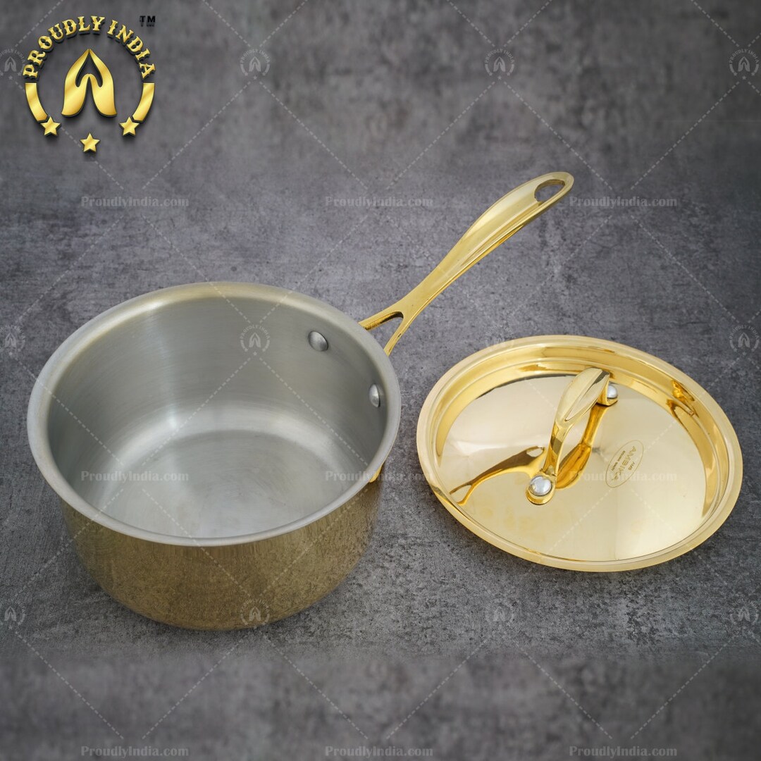 Vintage Brass Nonstick Milk Pan With Lid - Long Handle Kitchen Utensil ...