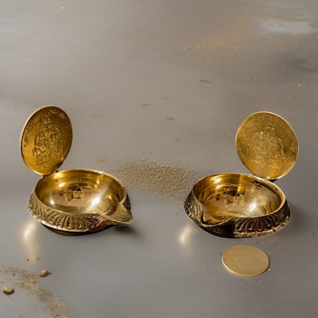 12 Brass Kubera Lakshmi Deepam, Indian Oil Lamp Diya With 12 Coins ...