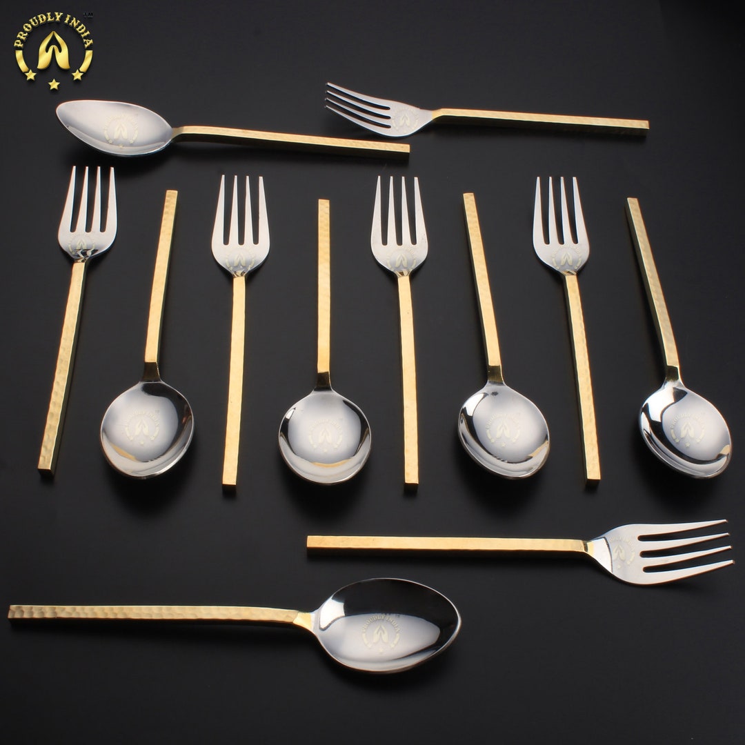 Vintage Brass Spoon & Fork Set - 12-piece Artisan Stainless Steel ...
