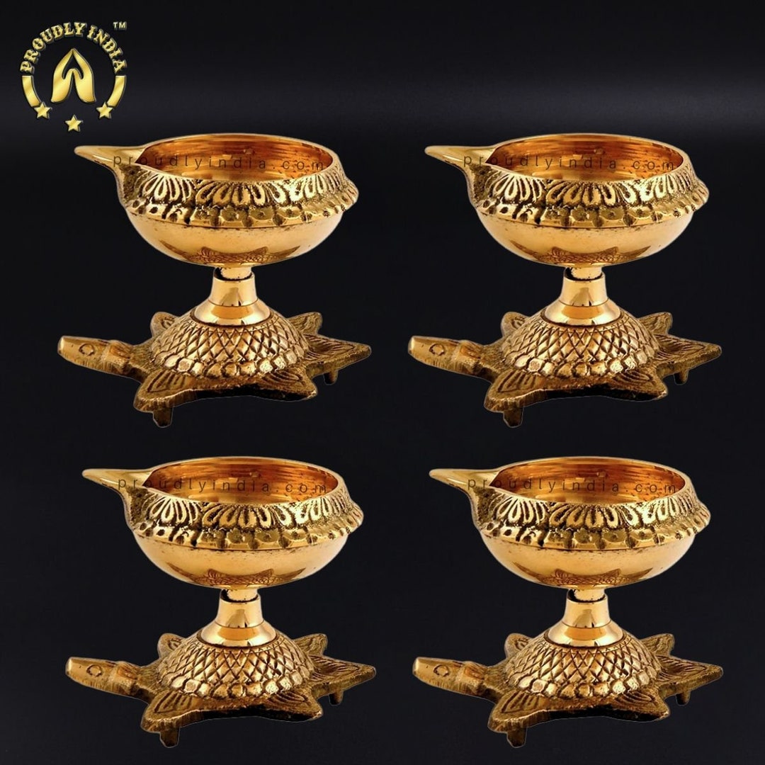 Authentic Indian Brass Lamp Set of 8: Turtle Feng Shui Thooku Vilakku ...