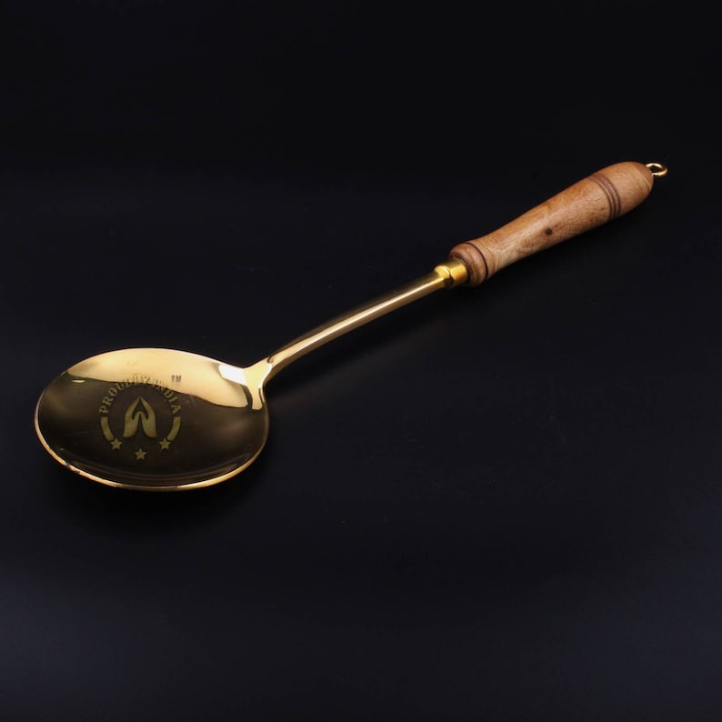 Set of 4 Big Brass Ladle Set With Wooden Handle,golden Luxurious Brass ...