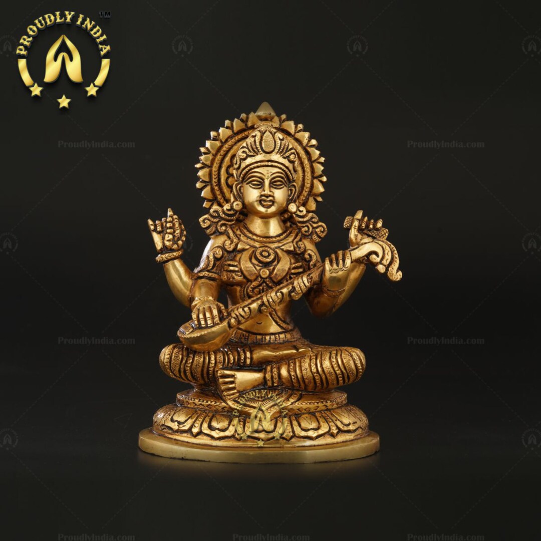 Veena Saraswati: 7.5 Inch Brass Murti, Handcrafted Symbol of Goddess of ...